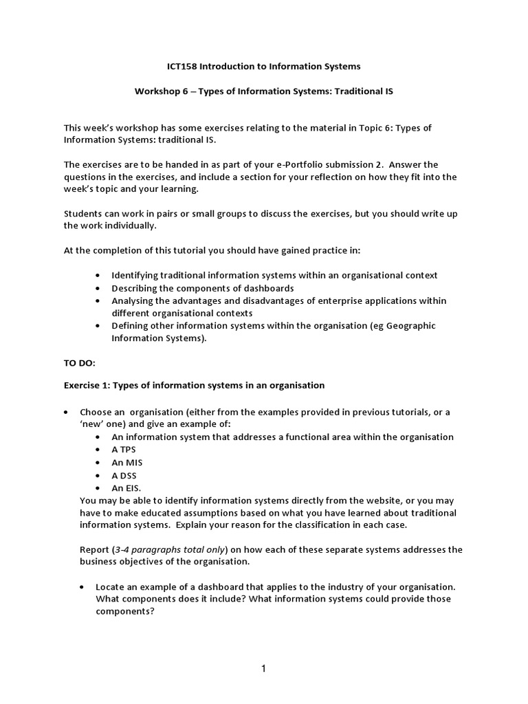 ICT158 Introduction To Information Systems Workshop 6 - Types of ...