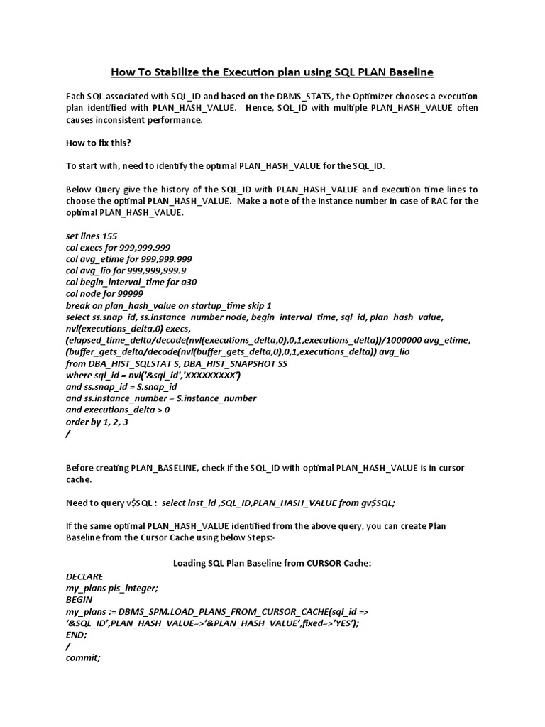 How To Stabilize The Execution Plan Using SQL PLAN Baseline | PDF ...