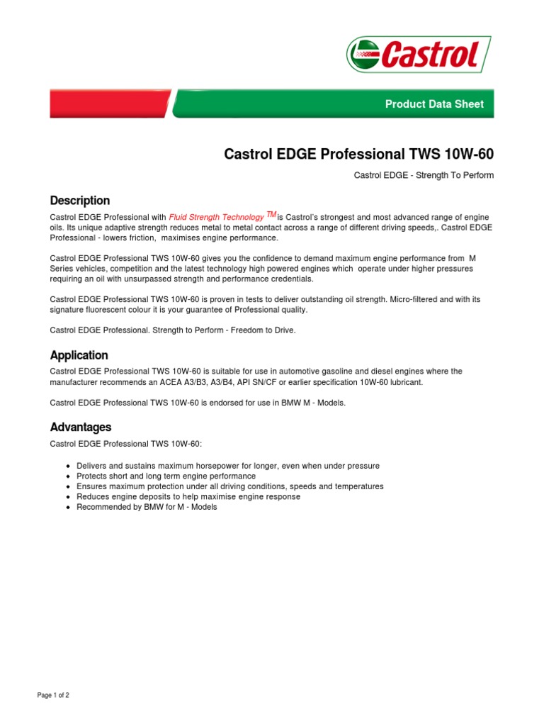 Castrol EDGE Professional TWS 10W-60: Description | PDF | Engines ...