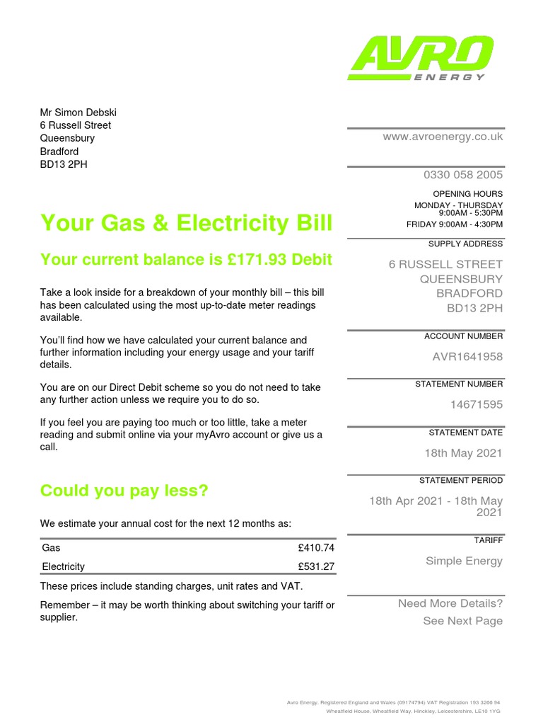 Your Gas & Electricity Bill: Your Current Balance Is 171.93 Debit | PDF ...