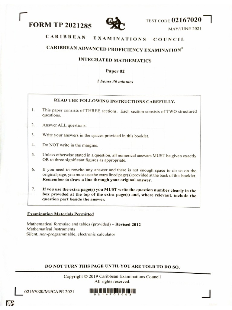 Cape Integrated Math. 2021 Paper 2 | PDF