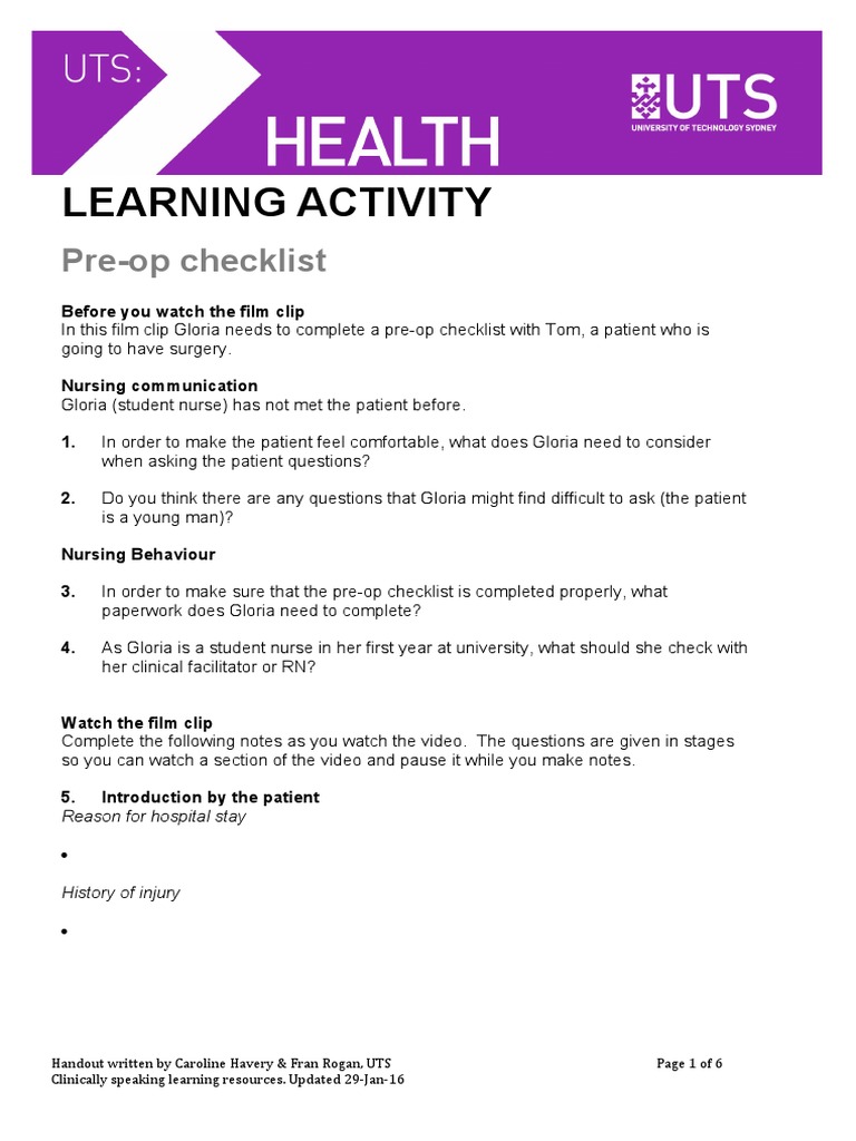 Learning Activity: Pre-Op Checklist | PDF | Nursing | Patient