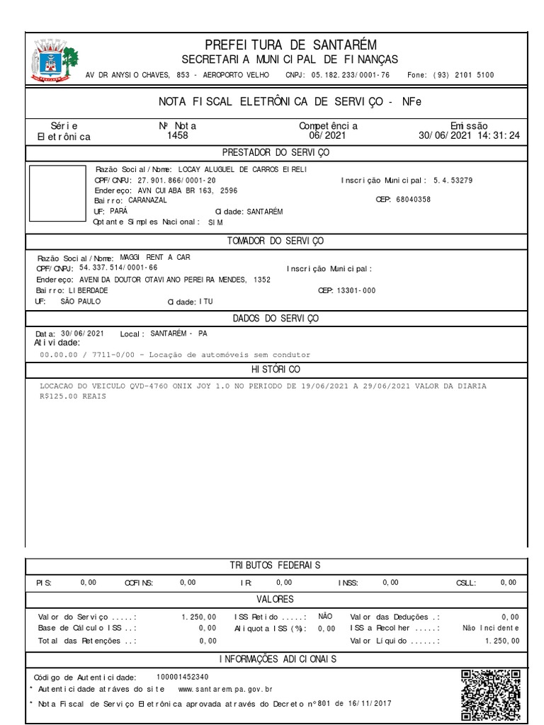 Nota fiscal eletrônica de serviço de locação de veículo por 10 dias em ...