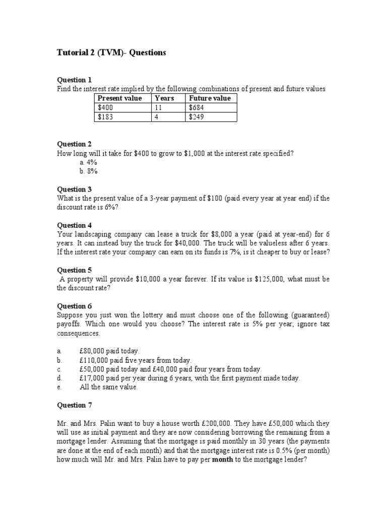 Tutorial 2 (TVM) - Questions: Present Value Years Future Value | PDF | Mortgage Loan | Interest