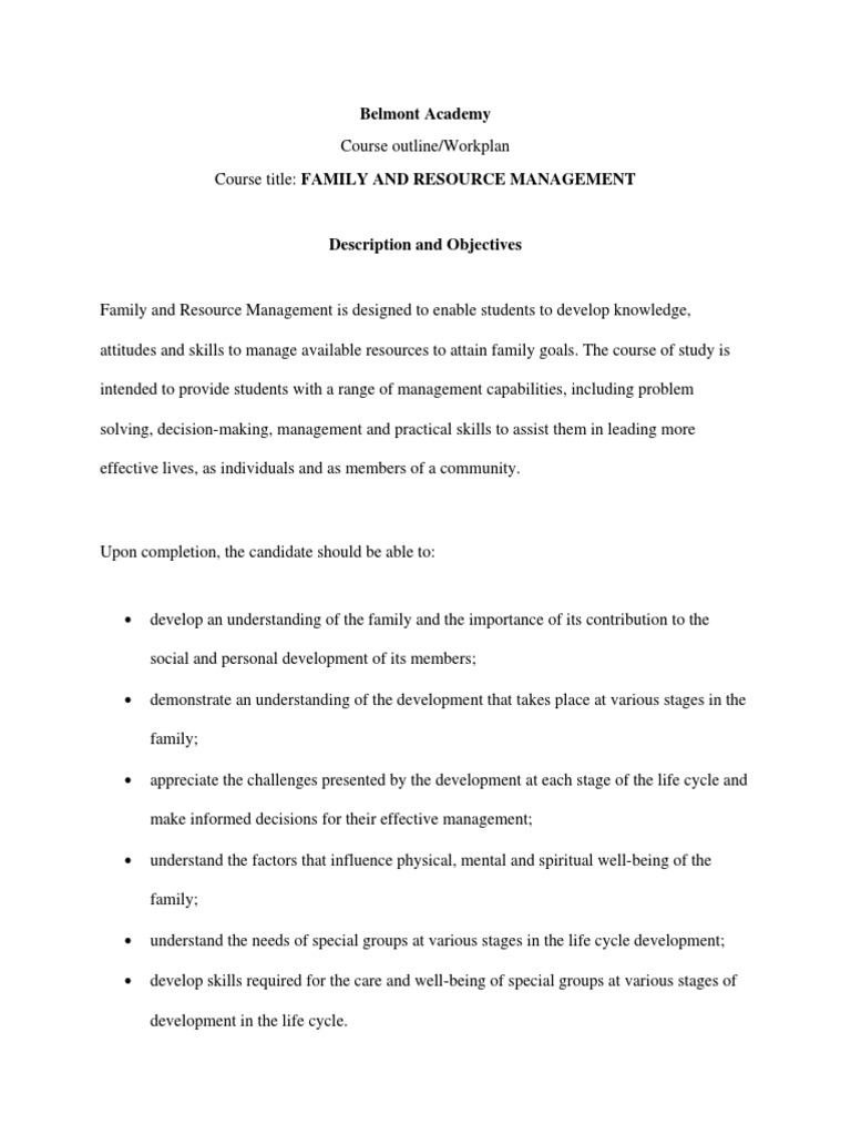 Family and Resource Management Portfolio Outline | PDF | Life Cycle ...