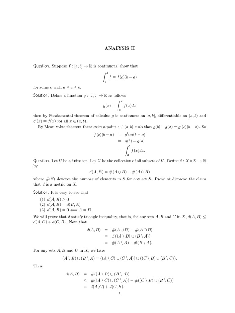 Analysis Ii Ms Sol 2014 15 Pdf Space Mathematical Analysis