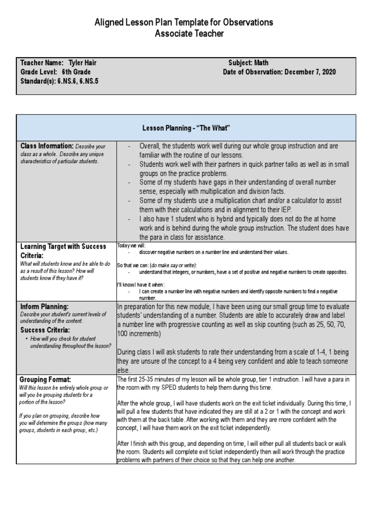 Aligned Lesson Plan Template For Observations Associate Teacher | PDF ...