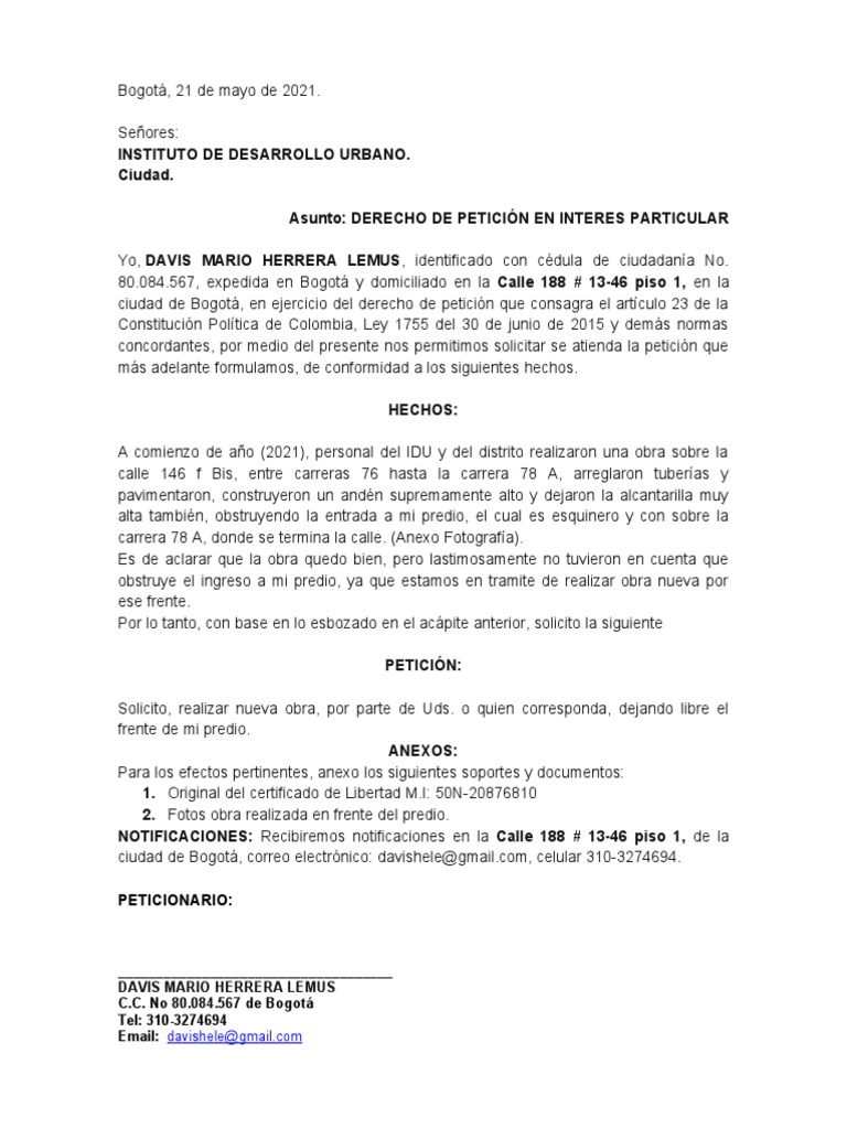 Derecho de Peticion. IDU | PDF