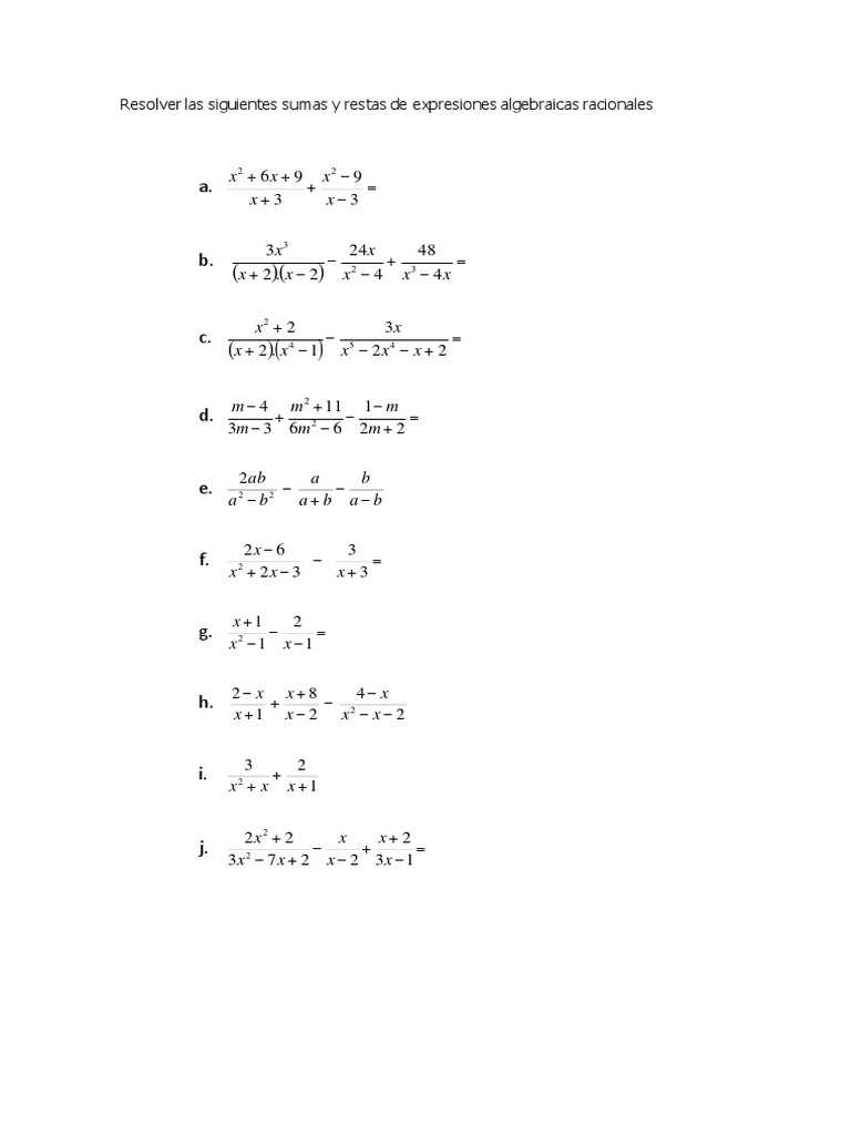 Trabajo Práctico. Expresiones Algebraicas Racionales Suma y Resta | PDF