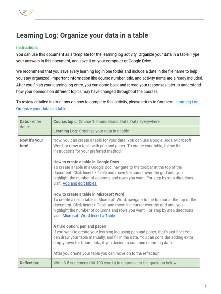 Learning Log: Organize Your Data in A Table: Instructions | Download Free PDF | Microsoft Word ...