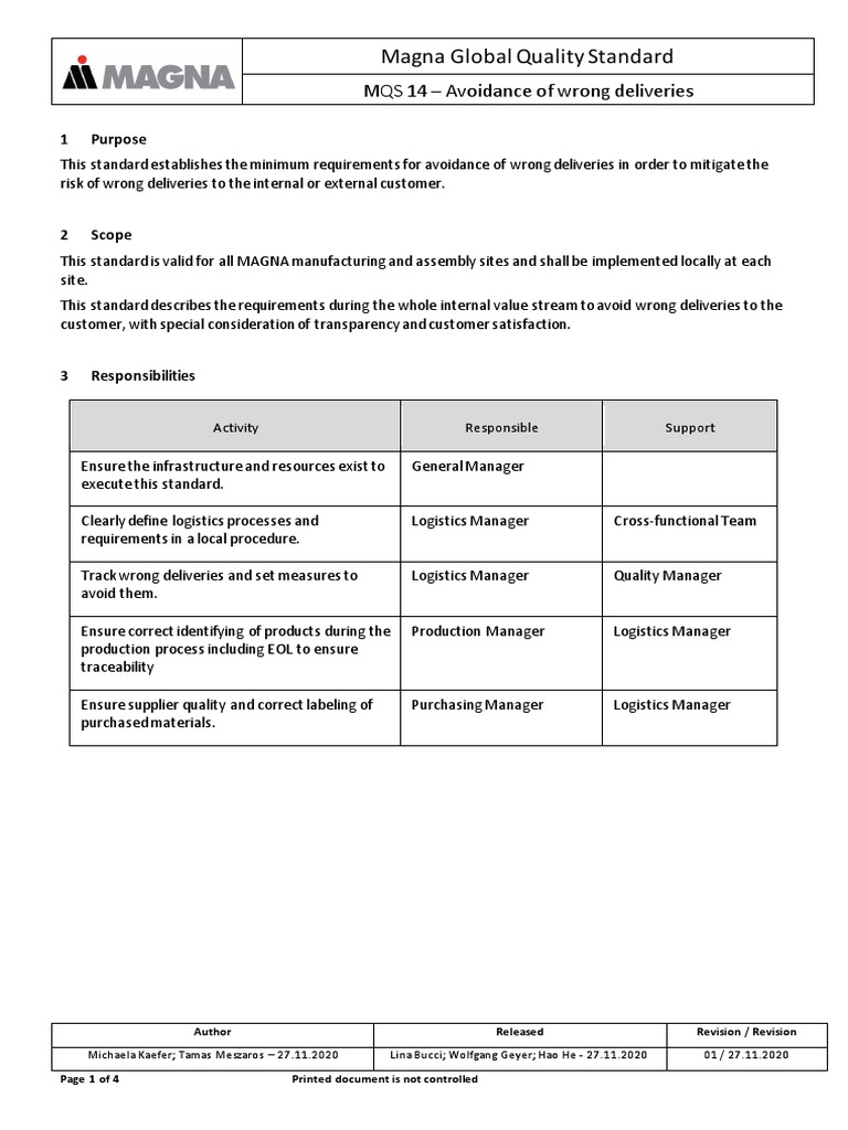 Magna Global Quality Standard: MQS 14 - Avoidance of Wrong Deliveries | PDF | Packaging And ...