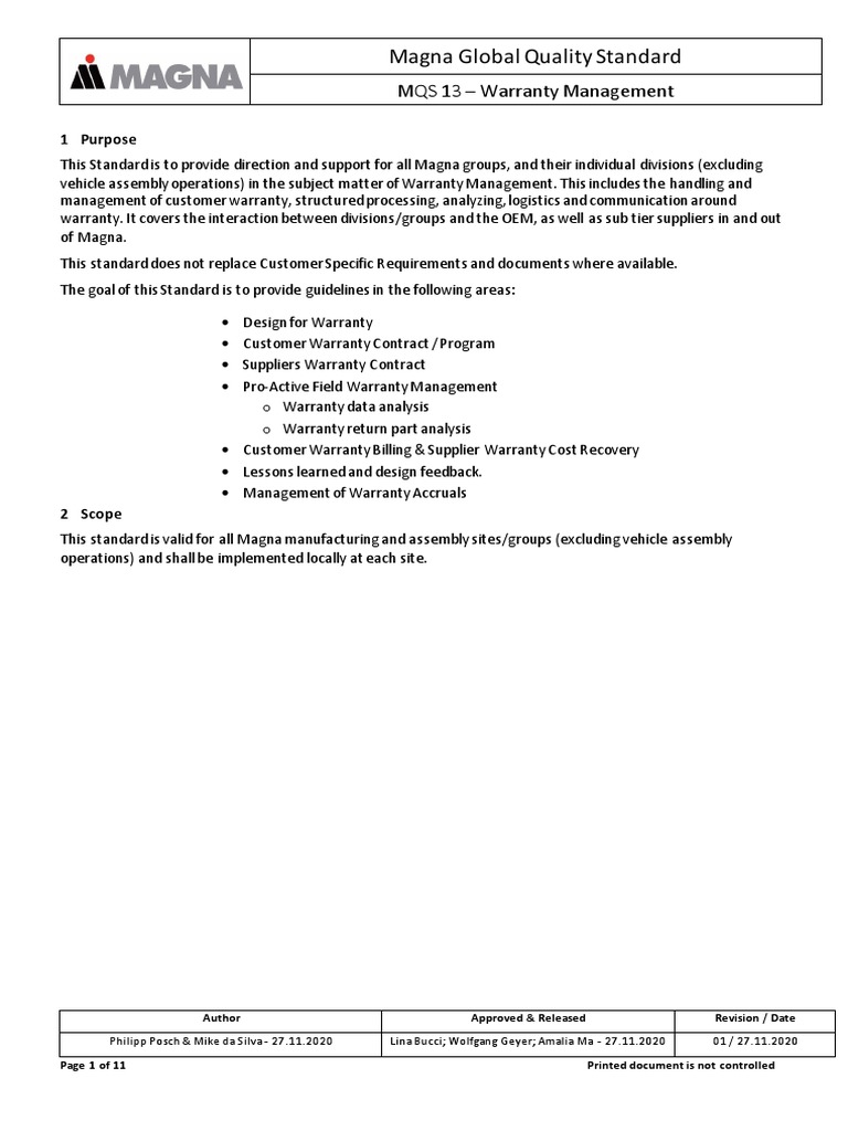 Magna Global Quality Standard: MQS 13 - Warranty Management | PDF | Performance Indicator | Design