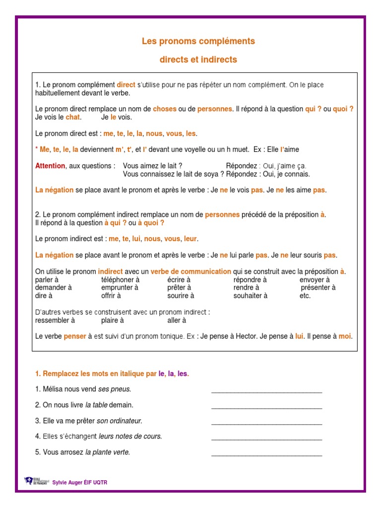 Les Pronoms Complements Directs Et Indirects Exercices Et Corrige | PDF ...