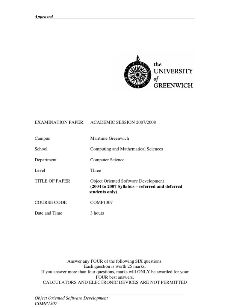 Sample Of Object Oriented Software Development Exam 20072008 Uk University Bsc Final Year