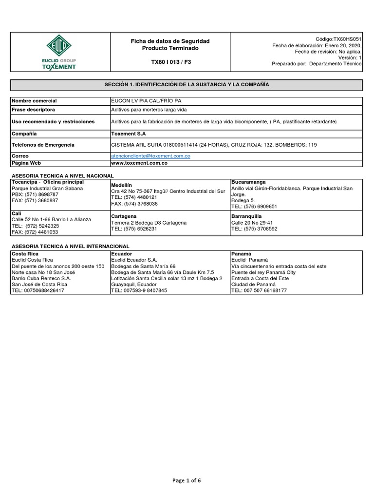 Ficha de Seguridad de Aditivos Toxement | PDF | Residuos | Gestión de ...