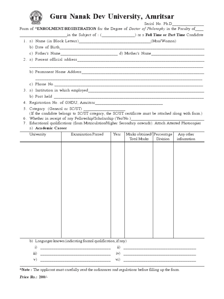 PHD Gndu Form | PDF | Doctor Of Philosophy | Thesis
