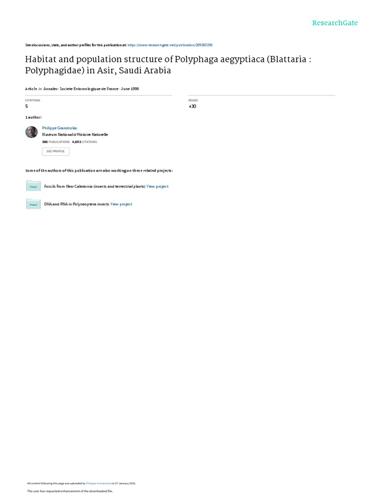 Habitat and Population Structure of Polyphaga Aegyptiaca (Blattaria ...