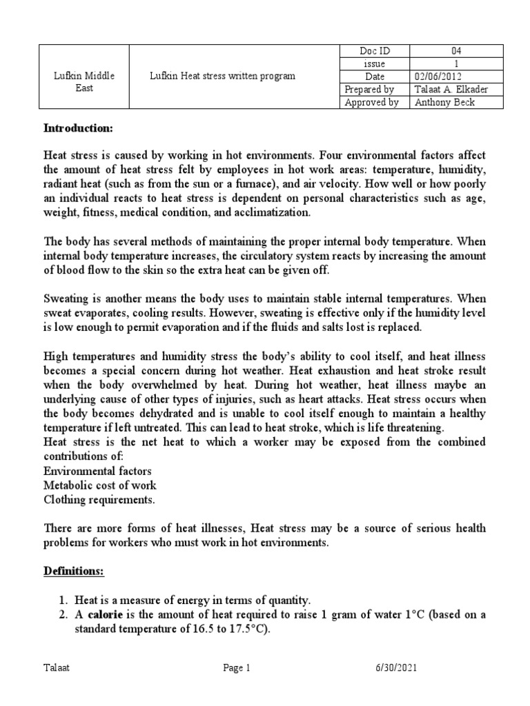 Heat Stress Written Program | PDF | Hyperthermia | Thermoregulation