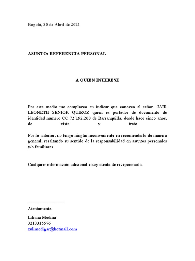 Modelo de Carta de Referencia Personal | PDF