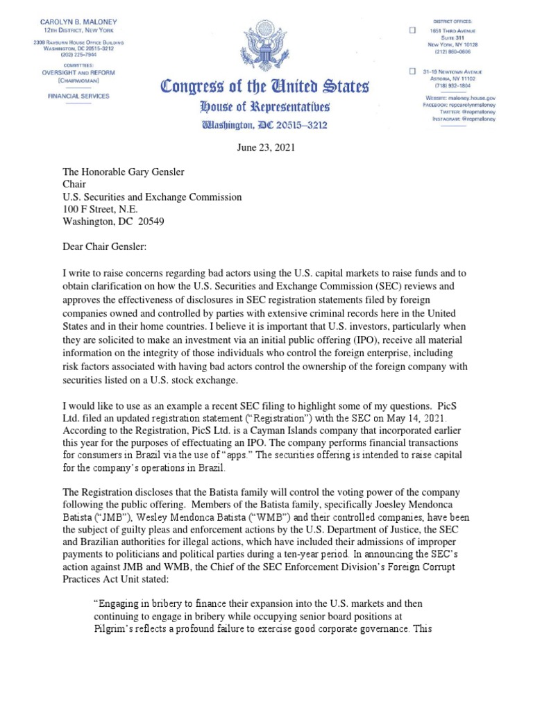Maloney SEC Letter July 23 2021 | PDF | U.S. Securities And Exchange ...