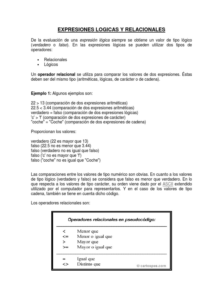 Expresiones Lógicas y Relacionales | PDF | Lógica matemática ...