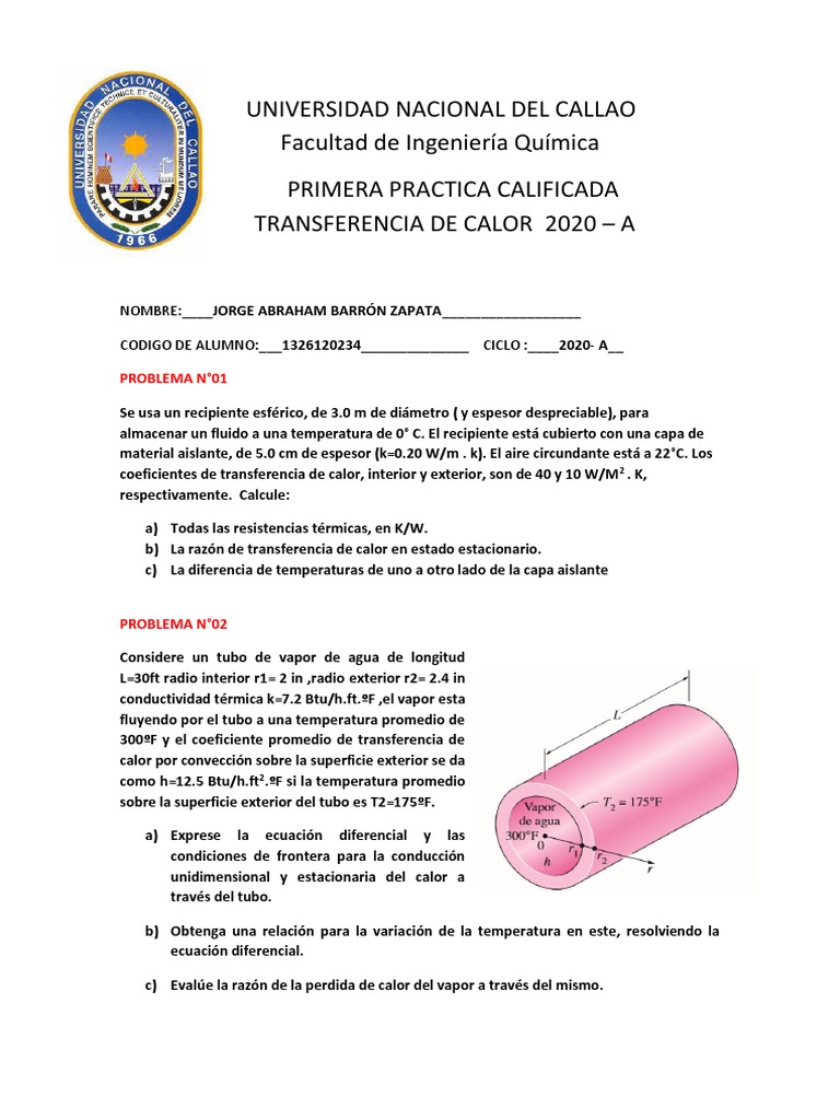 Practica Calificada de Transferencia de Calor 2020-A Resolucion | PDF ...