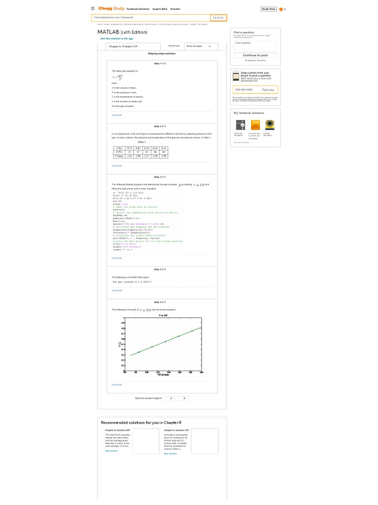 Solved - Chapter 8 Problem 31P Solution - MATLAB 4th Edition | PDF | Gases | Mole (Unit)