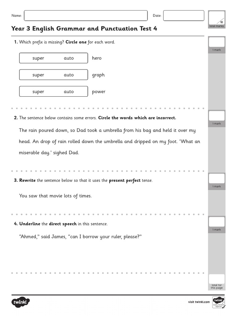 Year 3 English Grammar and Punctuation Test 4 | PDF | English Grammar ...