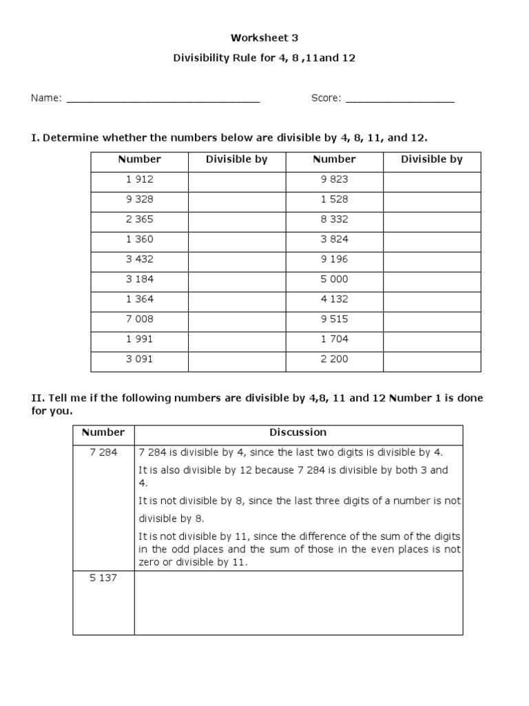 Divisibility Rules for 4, 8, 11, 12 Worksheet | PDF