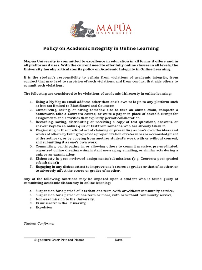 Policy On Academic Integrity in Online Learning: Student Conforme | PDF