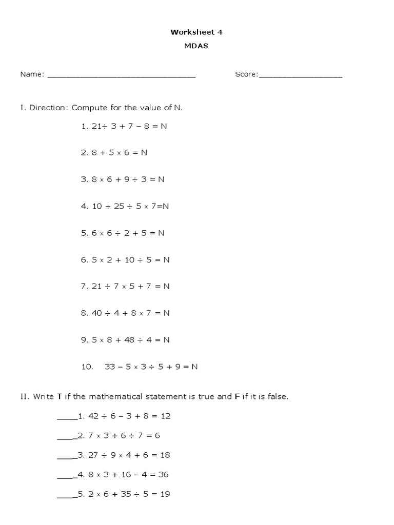 Worksheet 4 MDAS | PDF