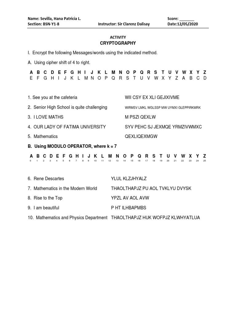 Cryptography Activity with Modulo Operator | PDF | Cipher | Cryptography