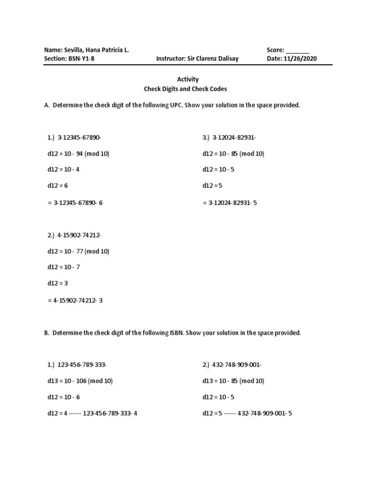 ACTIVITY FOR CHECK CODES AND CHEC DIGITS-1 Sevilla, Hana | PDF