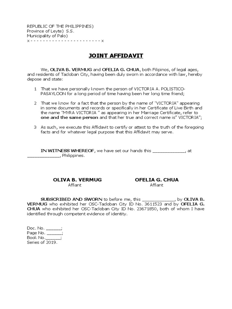 Affidavit Establishing the True and Correct Name of Victoria A ...