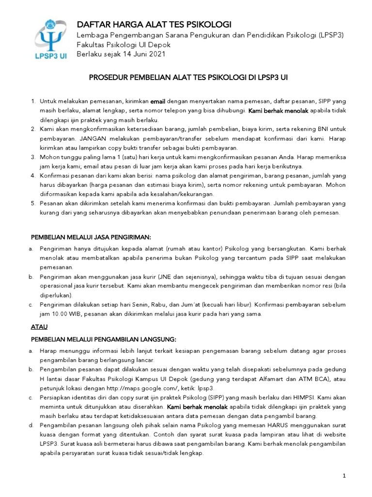 Harga Alat Tes Psikologi LPSP3 UI | PDF