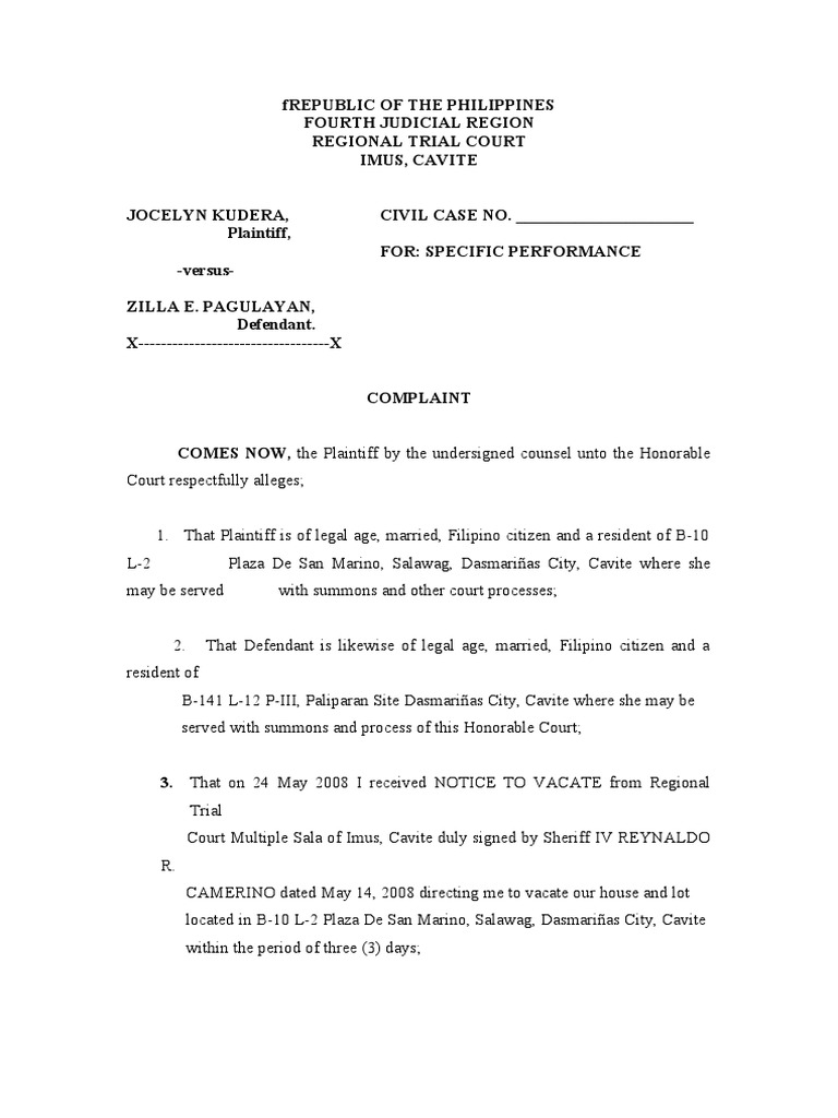 Complaint for Specific Performance | PDF | Damages | Lawsuit