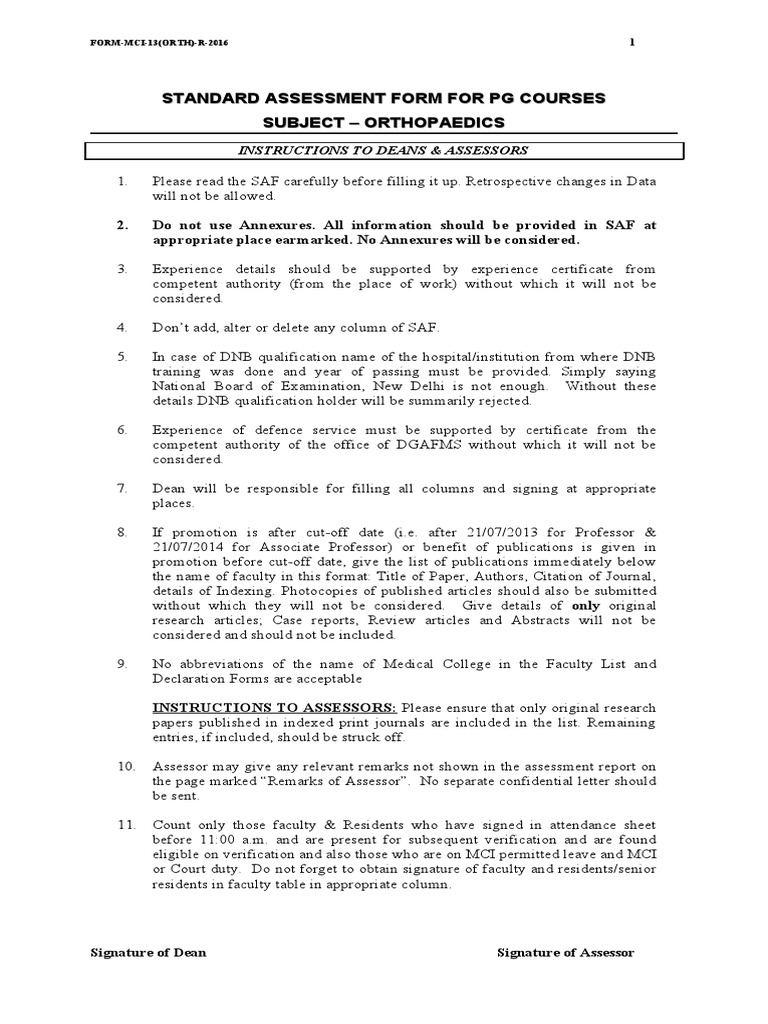 Standard Assessment Form For PG Courses Subject - Orthopaedics | PDF ...