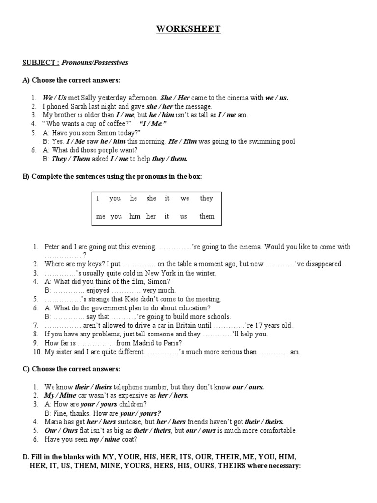 Pronouns and Possessives Worksheet | PDF