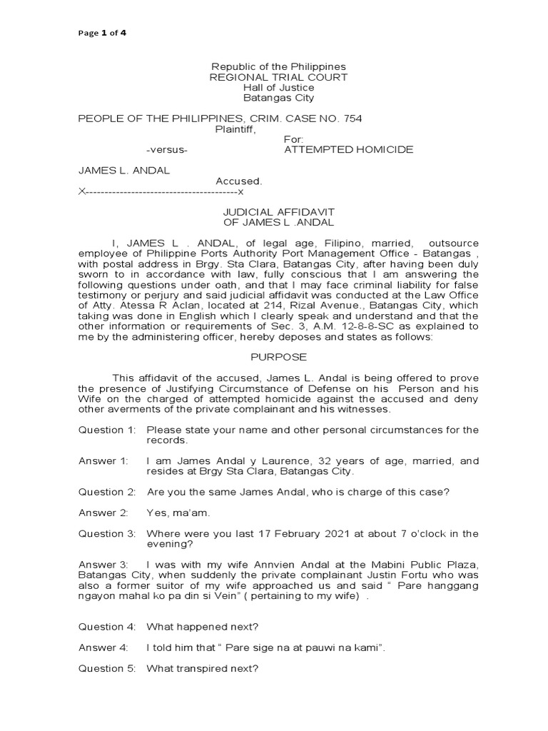 Judicial Affidavit-Attempted Homicide-Accused Justifying Circumstances-JMRamosJr | PDF ...