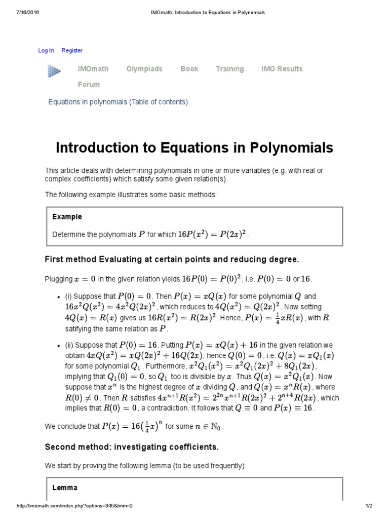 IMOmath - Introduction To Equations in Polynomials | PDF | Polynomial ...