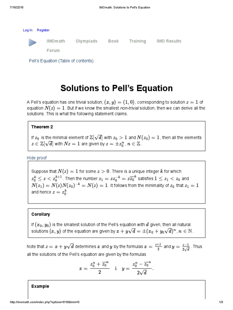 IMOmath - Solutions To Pell's Equation | PDF | Equations | Discrete Mathematics