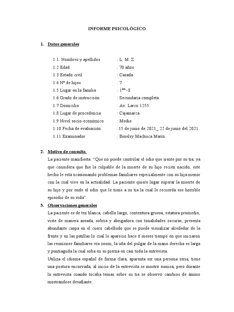 Informe Psicológico Producto Final Pdf Adolescencia La