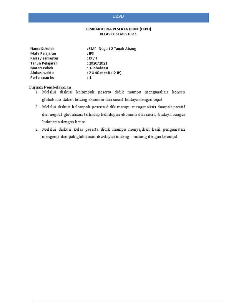 LKPD IPS Kelas IX: Globalisasi | PDF