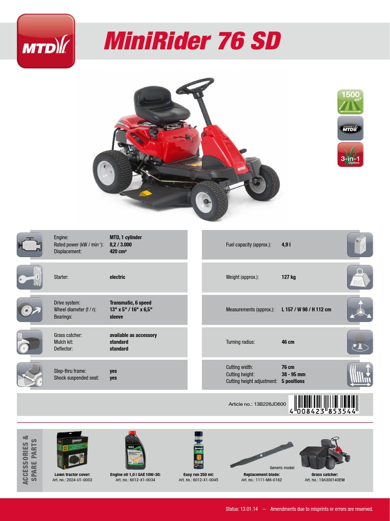 Minirider 76 SD: 4,9 L MTD, 1 Cylinder 8,2 / 3.000 420 CM | PDF | Lawn ...