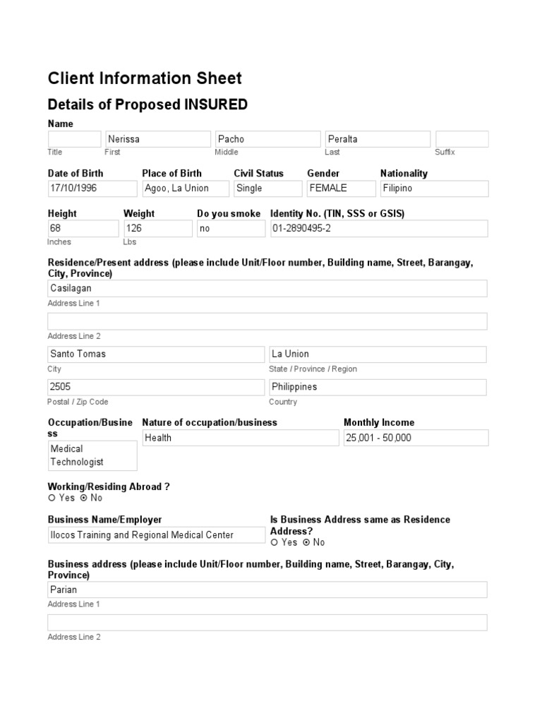 Client Information Sheet for Insurance | PDF | Government | Economies