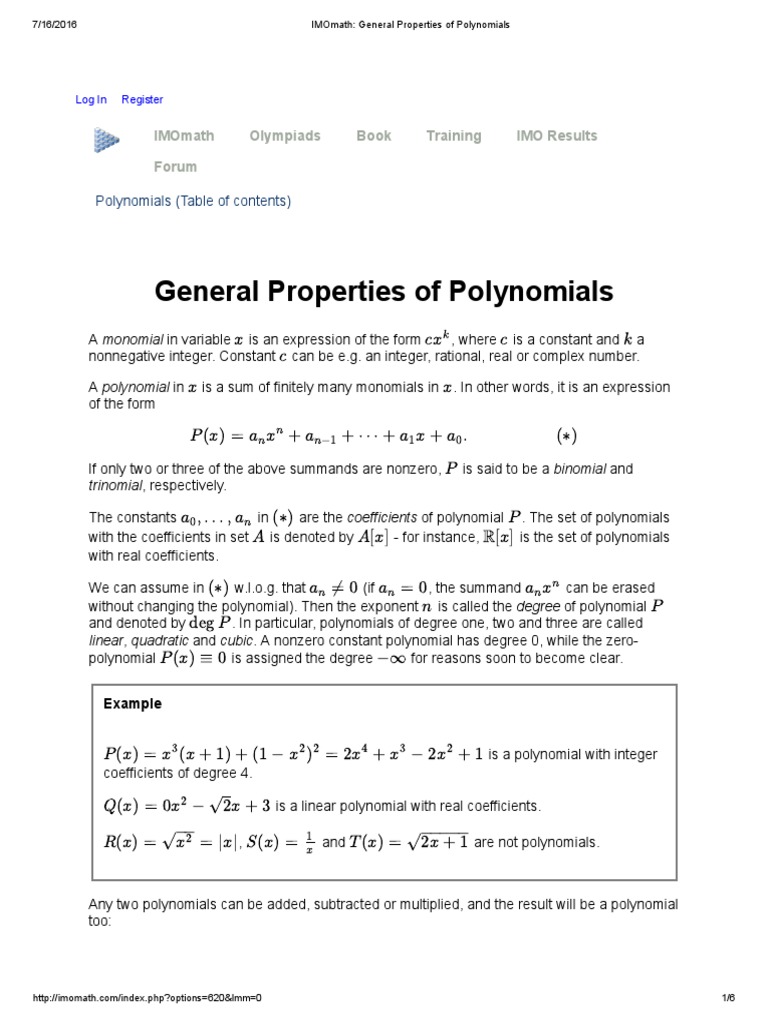 IMOmath - General Properties of Polynomials | PDF | Polynomial | Factorization
