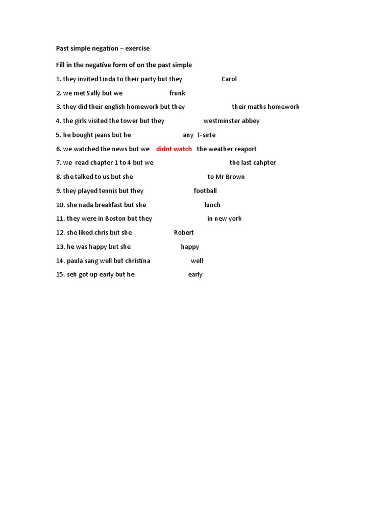 Past Simple Negation - Exercise Fill in The Negative Form of On The ...
