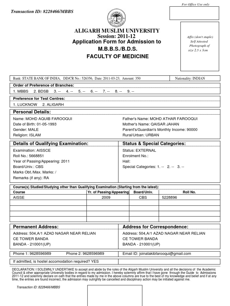 Application Form For Admission To M.B.B.S./B.D.S. Faculty of Medicine ...