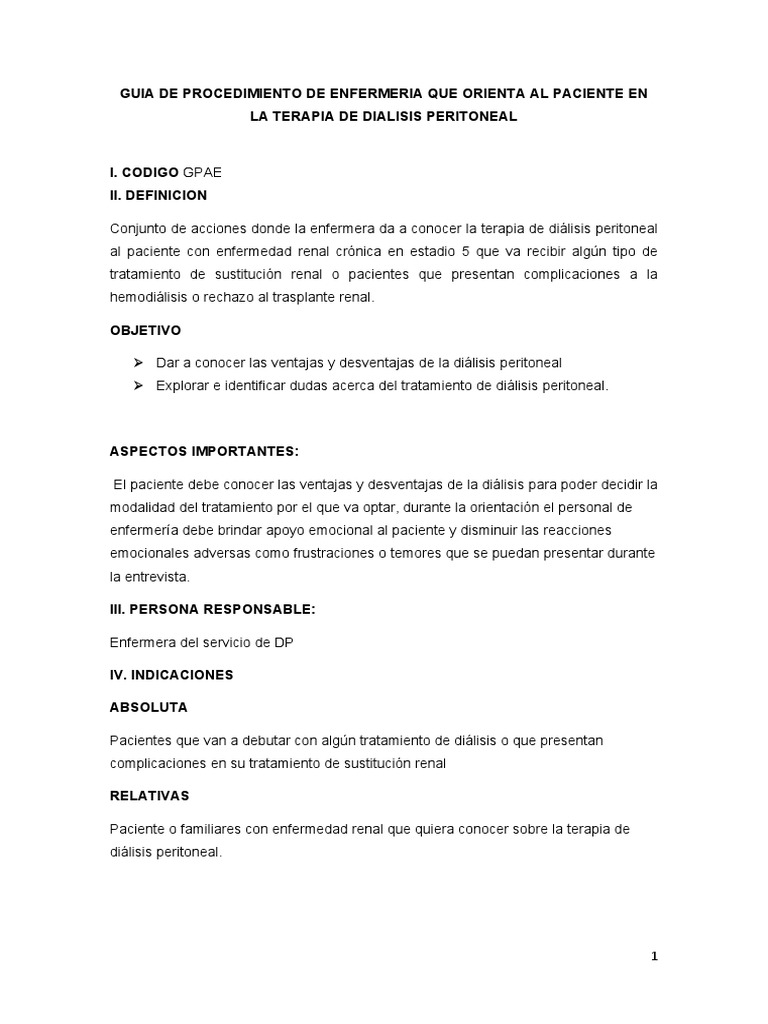 Guia de Procedimiento de Enfermeria en La Orientacion Del Paciente en Dialisis Peritoneal | PDF ...