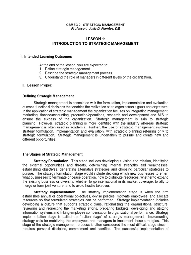 1 Lesson 1 Handout Cbmec 2 | PDF | Strategic Management | Strategic Planning
